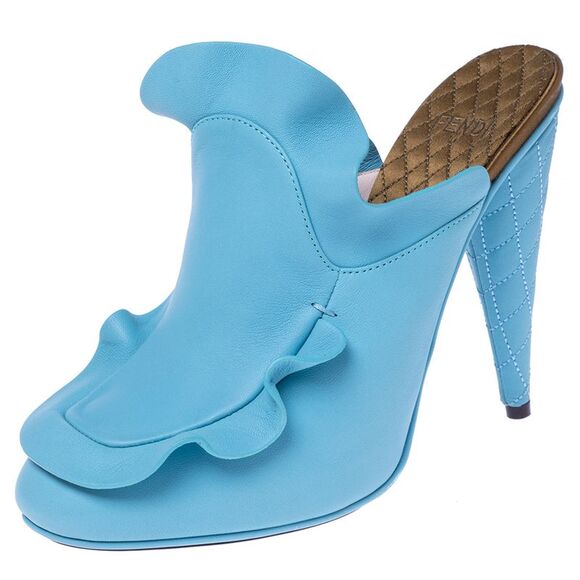 Fendi | Shoes | Fendi Blue Leather Stocking Heel Mule Sandals Size 37 ...